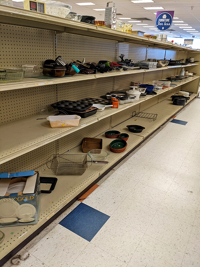 Kitchenware shelves display culinary tools that have stirred countless family meals and holiday feast preparations.