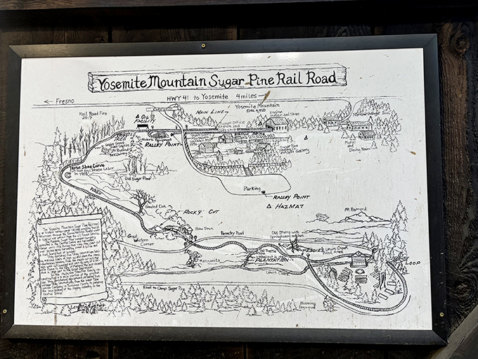 Adventure mapped out! This hand-drawn guide reveals the railroad's path through the forest like a treasure map for grown-ups seeking wonder. 