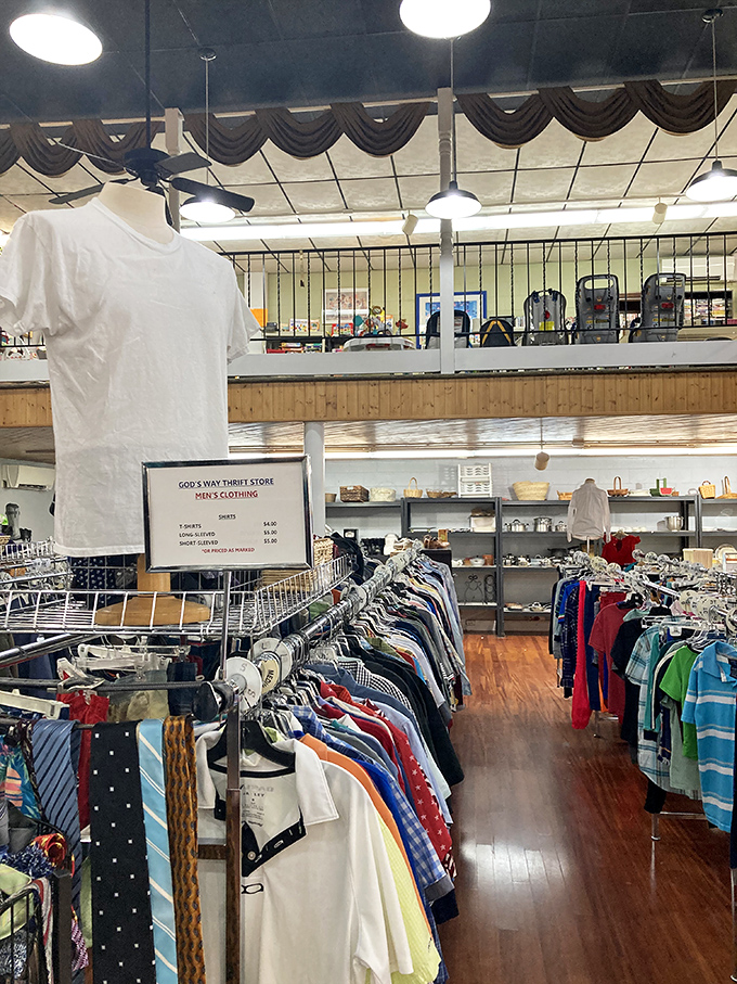 Men's department organized by color and type. That sign probably lists prices so low your wallet will think it misheard you.