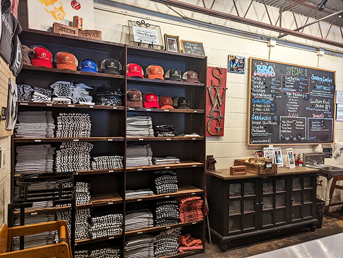 The merchandise wall: where you can take home a souvenir that won't disappear as quickly as that brisket did.