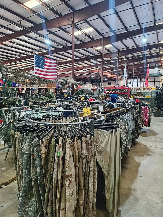 Military surplus creates a sea of olive drab and camo under Old Glory. These clothes have more pockets than a pool hustler's vest.