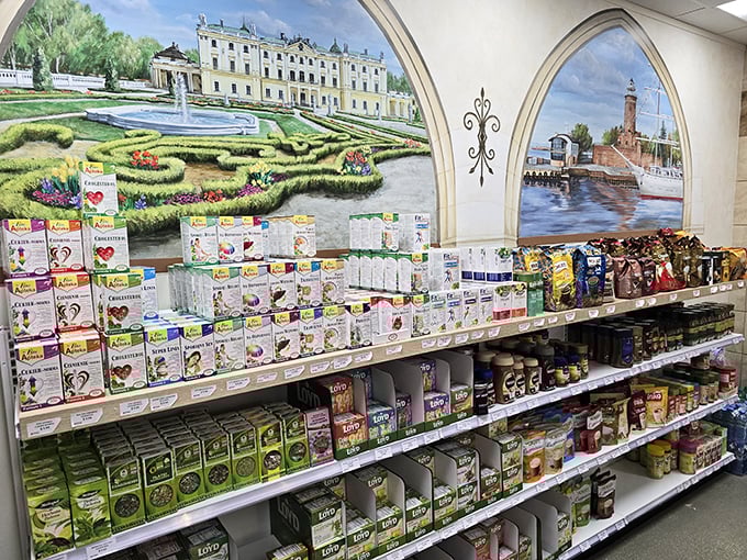 Murals transport you to Polish palaces and landscapes while you shop. It's the closest thing to European travel without the jet lag or passport.