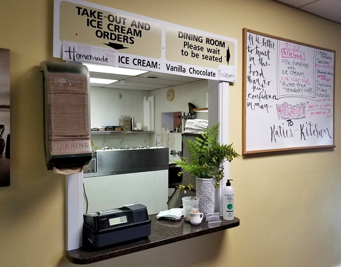 The order counter promises homemade ice cream alongside dining options&mdash;proving Katie's Kitchen understands the importance of ending a meal on a sweet note.