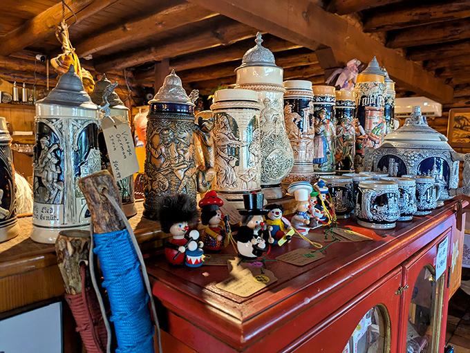 These ornate beer steins tell stories of German craftsmanship. Each one looks like it should be hoisted by a jolly fellow in lederhosen toasting to good health.