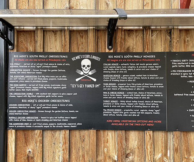 The wall menu speaks the universal language of sandwich lovers, with a pirate-themed promise of culinary adventure ahead.