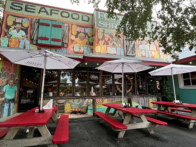 Outdoor seating that says "come as you are" &ndash; sandy flip-flops welcome. Those red picnic tables have hosted more happy meals than any fast food chain.