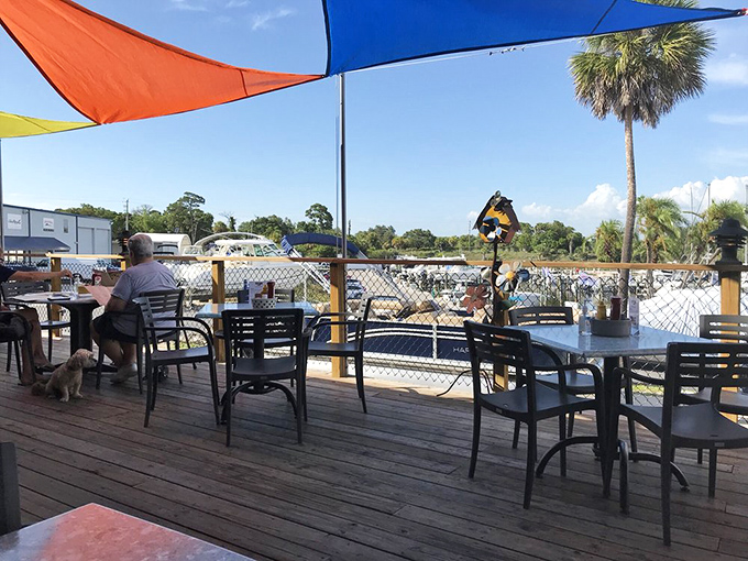 The outdoor deck where time slows down and appetites grow. Even the palm trees seem to be leaning in to catch a whiff of fried seafood.