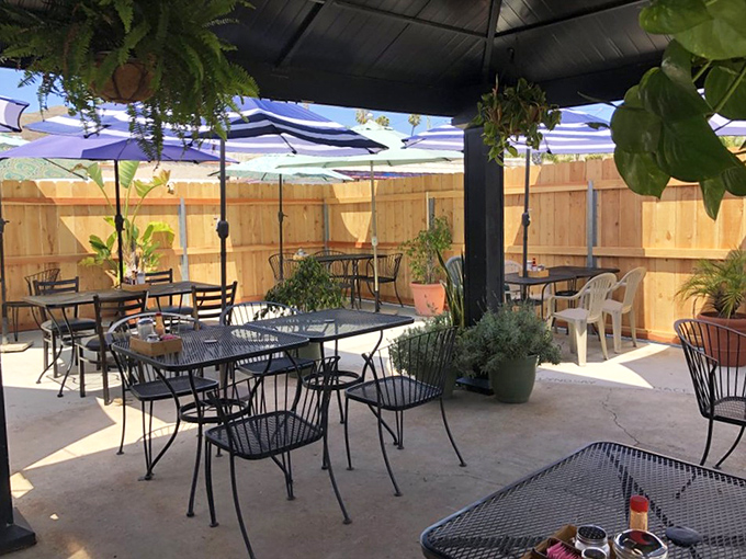 Even the outdoor seating embraces that classic diner charm, perfect for enjoying California sunshine with your morning coffee.