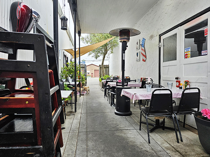 Even the outdoor seating area maintains the diner's charm &ndash; red checkered tablecloths and patio heaters create a cozy breakfast oasis.