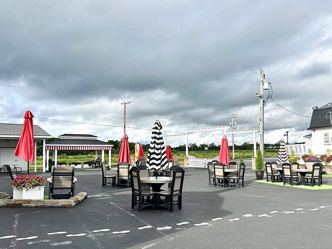 The outdoor seating area isn't just tables and chairs—it's where cheese-induced food comas happen under the watchful gaze of Ohio skies.