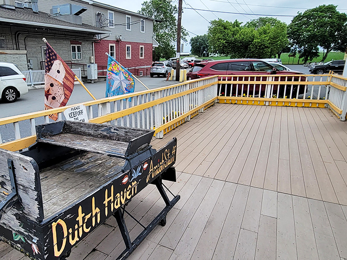 The outdoor deck features benches perfect for that moment when you absolutely cannot wait to try your purchases.