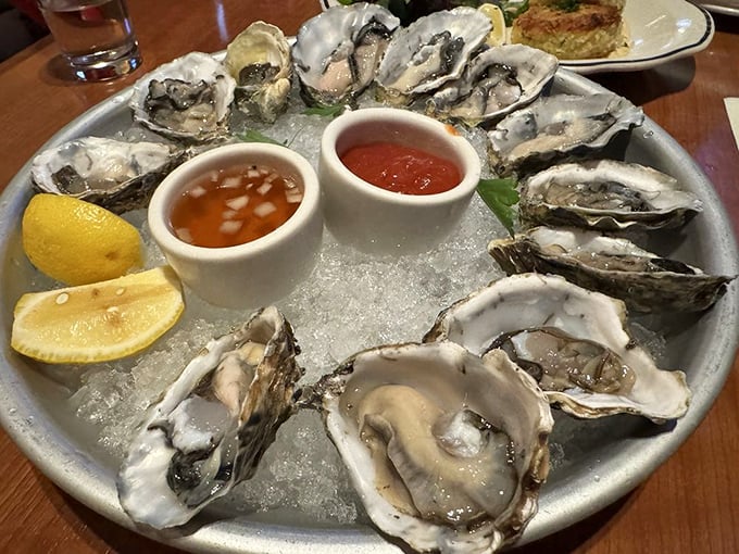 Oysters arranged like a clock face of briny delights. Each one a perfect little taste of the ocean, no passport required.