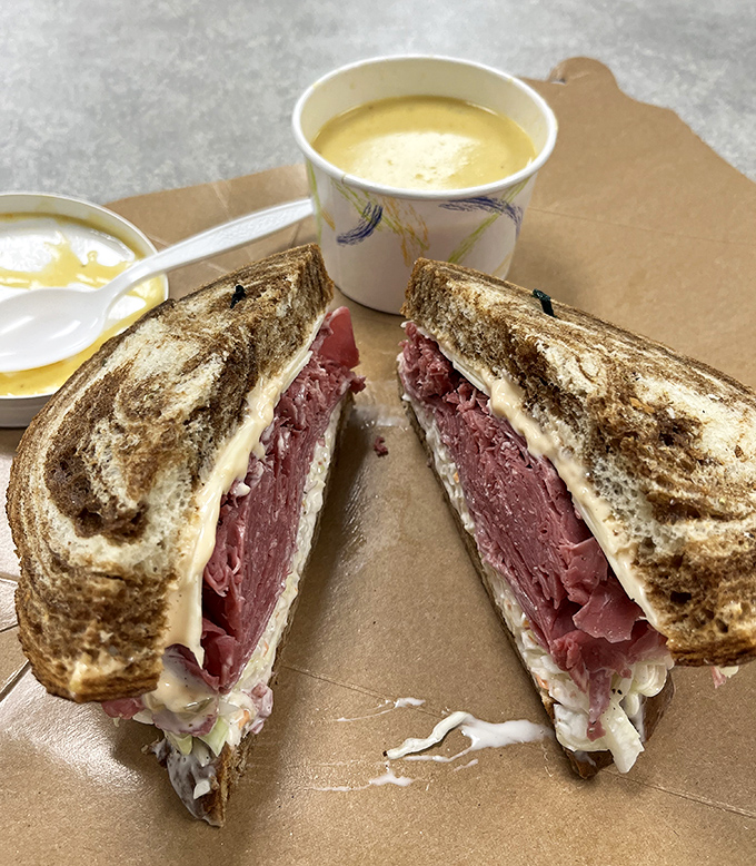 Pastrami on grilled rye with what appears to be homemade soup &ndash; a combination so perfect it makes you want to hug the chef.