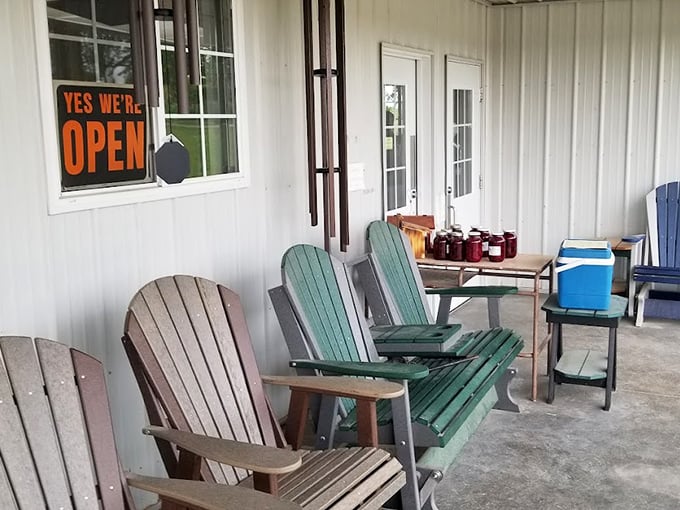 The front porch &ndash; where colorful Adirondack chairs and jars of homemade jam create the perfect setting for post-shopping contemplation.
