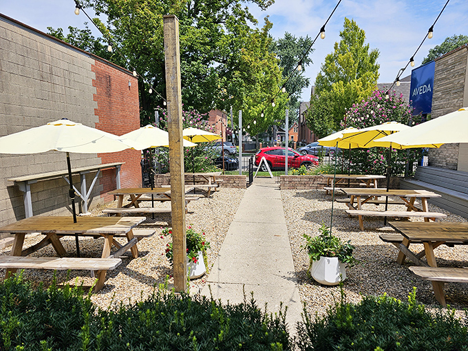 Patio perfection with picnic tables and string lights. When Ohio weather cooperates, this becomes barbecue's natural habitat.