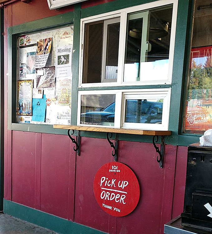 The pick-up window frames friendly faces ready to hand over your edible treasure.