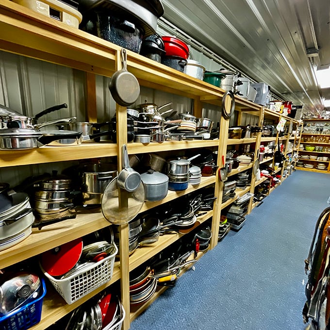 The cookware section &ndash; where cast iron skillets with decades of seasoning wait for their next kitchen adventure. These pans remember when cooking was an art.