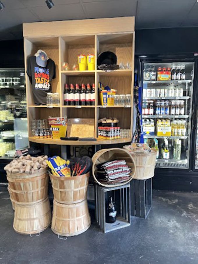 The retail corner—where "I'll just have lunch" turns into "I need to bring half the menu home." Seafood souvenirs for the road.