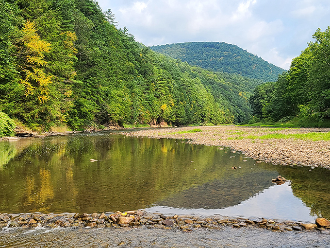 Low water reveals the bones of the creek bed &ndash; nature's version of off-season at the beach, peaceful and contemplative.