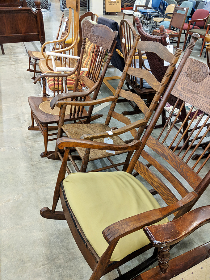 Rocking chairs lined up like old friends on a porch, each with its own personality and a gentle sway that promises peaceful evenings ahead.