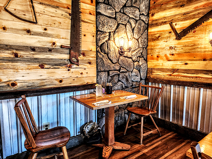 Stone meets wood in this cozy corner that feels like dining in a fairy tale cabin, minus the wolves and with significantly better food options.