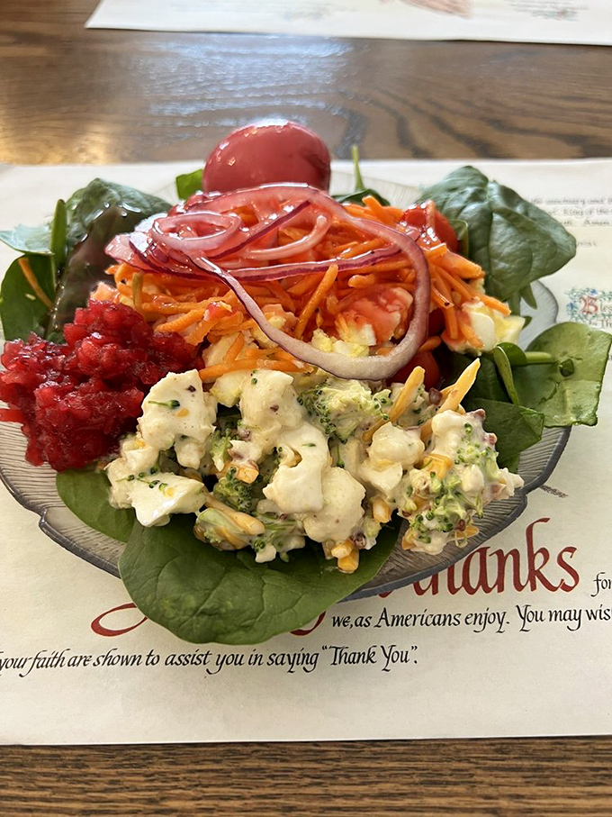 A salad that doesn't apologize for being a salad, bringing enough flavor and texture to hold its own against the heartier menu options.