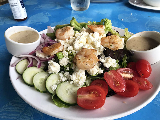 A salad that doesn't apologize for being healthy&mdash;it's too busy showing off those plump shrimp and that crumbled feta that's playing hard to get.