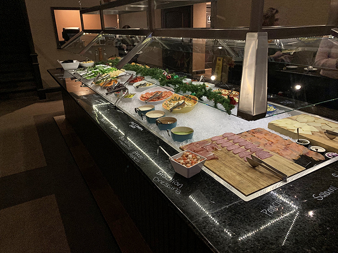 The salad bar&mdash;where good intentions meet reality. "I'll just have some vegetables," you say, before the meat skewers arrive.