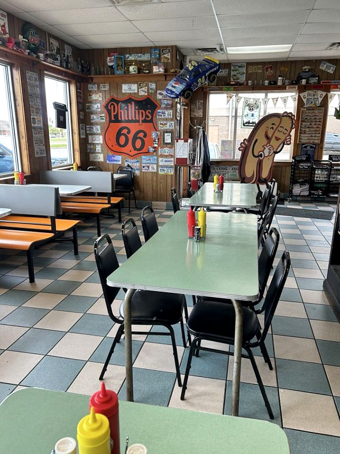 The dining area's mint-green tables and checkered floor create a time capsule where families have been making memories since Eisenhower was in office.
