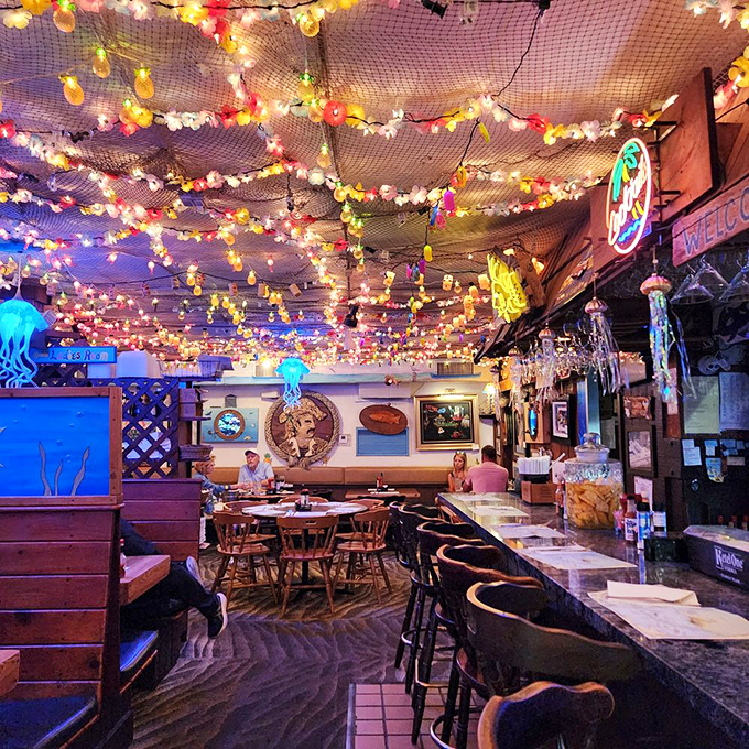 The dining room glows with colorful lights and maritime charm. It's like eating inside a fisherman's favorite dream.