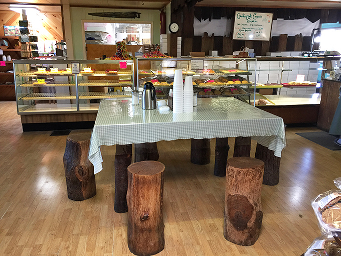 The rustic seating area offers a moment to contemplate your purchases before the inevitable car-eating frenzy begins. Resistance is futile.