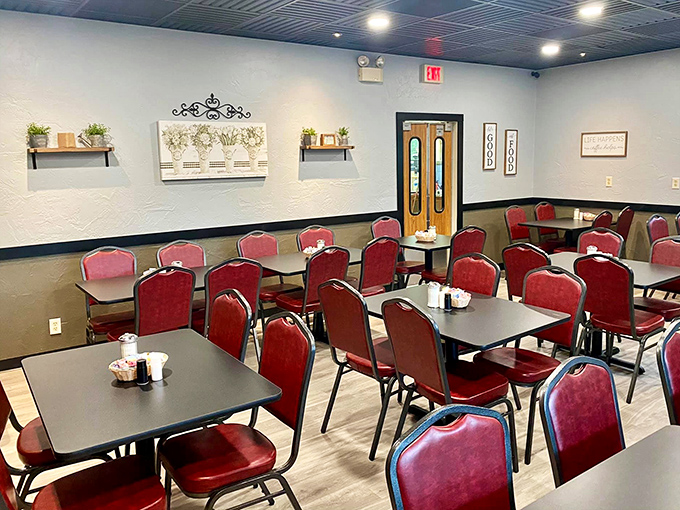 Red chairs standing at attention like loyal soldiers, ready to support you through the important business of serious comfort food consumption.