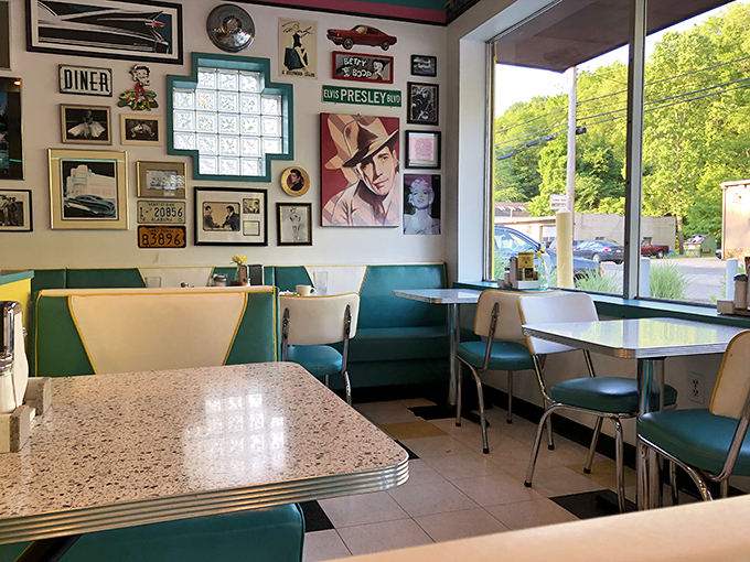 The dining area walls showcase a gallery of Americana that tells you more about the place than any Yelp review ever could.