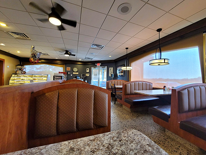 Booths designed for maximum comfort and minimum escape velocity &ndash; once seated, you'll need a good reason (or dessert menu) to leave.