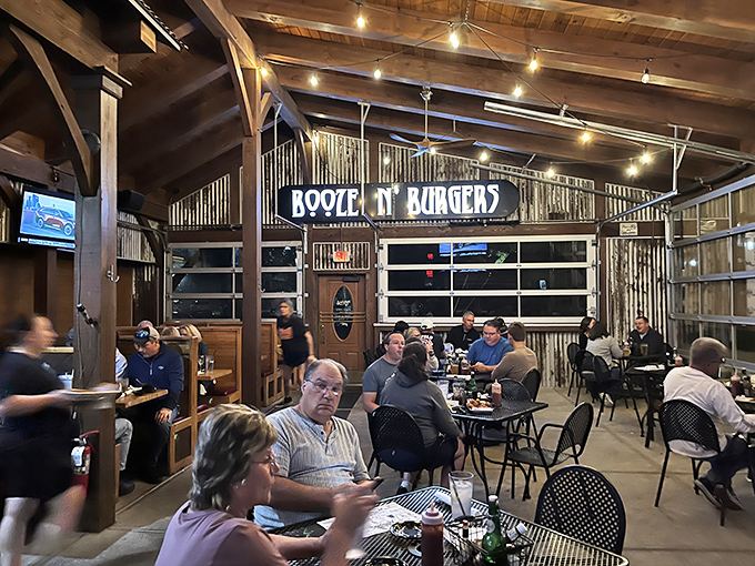 "Booze N' Burgers" isn't just a sign&mdash;it's a mission statement. This dining area delivers exactly what it promises, with rustic charm to spare.