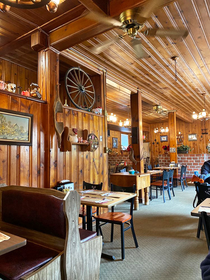 Rustic charm on display with wagon wheels and wooden accents&mdash;this isn't interior decoration, it's a time machine to simpler days when calories were just called "food."