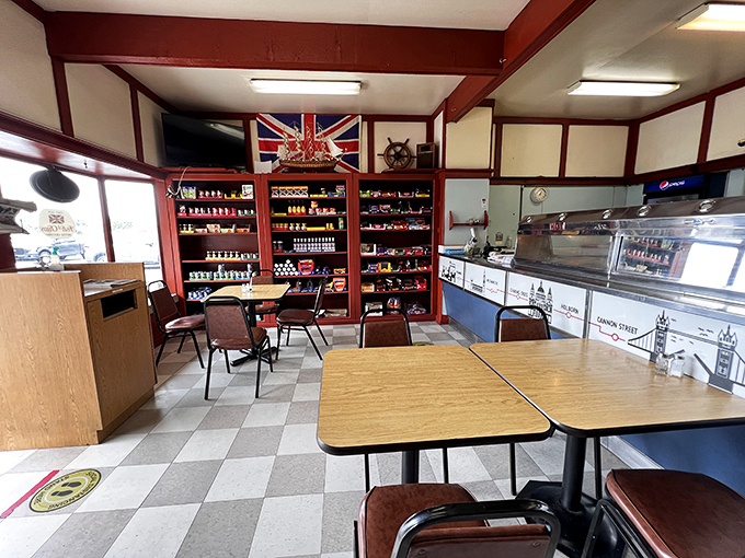 The dining room says "focus on the food." No-frills seating, nautical touches, and the Union Jack remind you of your delicious mission.