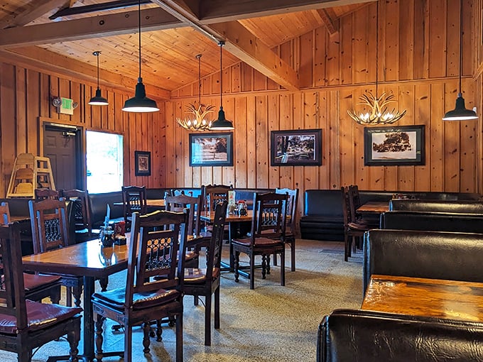Dining room perfection &ndash; where antler chandeliers cast a warm glow over wooden tables that have hosted thousands of memorable meals and conversations.