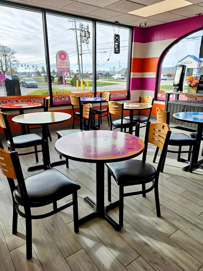 The seating area features donut-shaped tables because when you're this committed to a theme, you go all in.