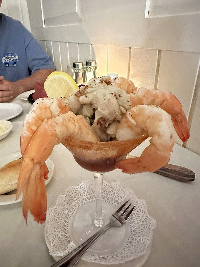 A shrimp cocktail that's showing off like it's auditioning for a seafood calendar&mdash;plump, perfectly curved, and ready for its close-up. 