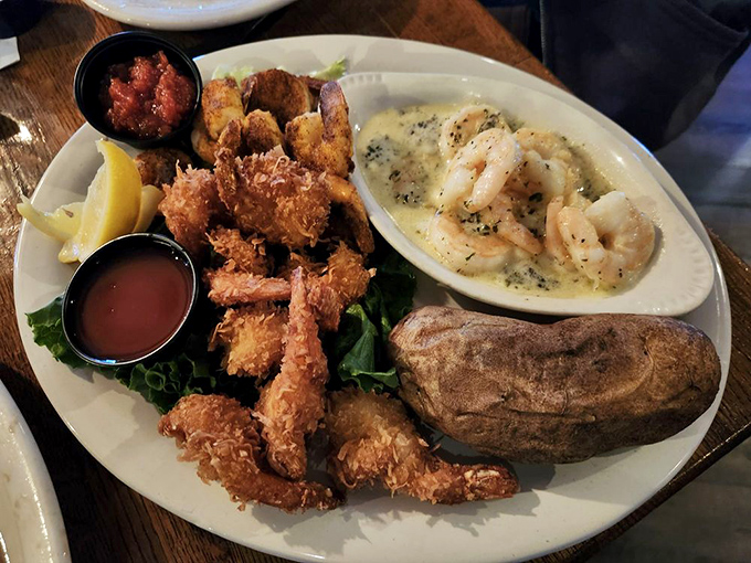 The seafood platter that makes decision-making obsolete. Why choose between shrimp, fish, and sides when you can have the whole aquatic ensemble?