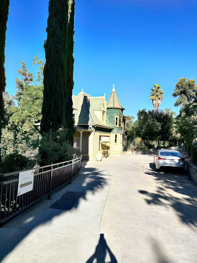 Approaching from this angle, you half expect to see a butler waiting to take your calling card. The driveway curves like an invitation.