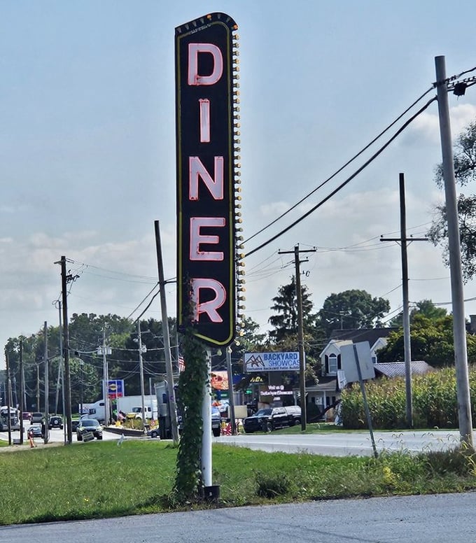 That vertical "DINER" sign doesn't just mark a restaurant; it's a roadside promise of culinary salvation for hungry travelers.