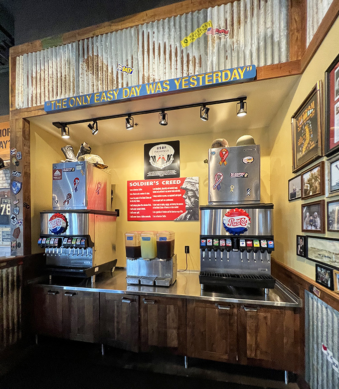 "The only easy day was yesterday" hangs above the drink station—a Navy SEAL motto that somehow makes that sweet tea taste even more refreshing.