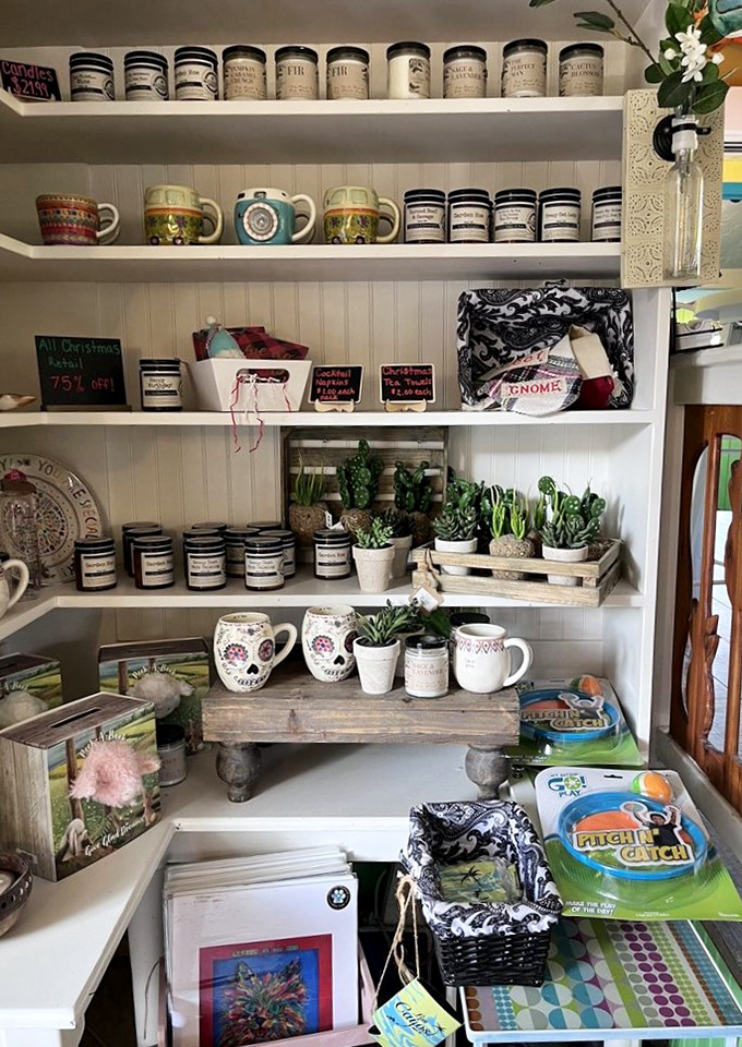 Souvenir central! Take home a piece of paradise with these charming mugs, plants, and local treasures lining whitewashed shelves.