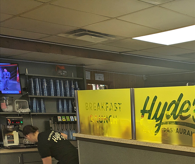 Behind every great diner is a staff that moves with the precision of a Swiss watch. The yellow Hyde's sign watches over all like a comfort food guardian angel. 