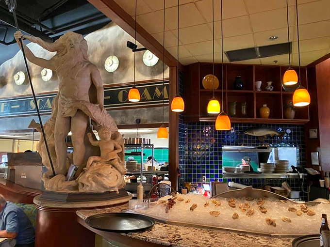 Neptune himself stands guard over the fresh catch, ensuring only the finest seafood makes it to your waiting fork.