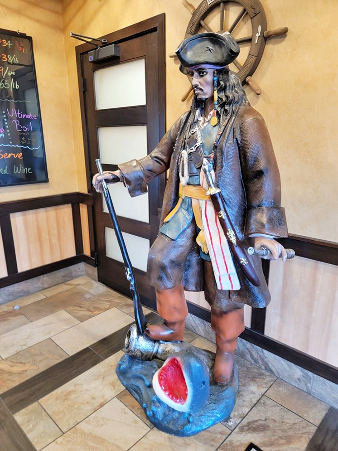 This pirate statue stands guard over the seafood bounty. He's seen things&mdash;mostly people with butter-stained shirts leaving happy.