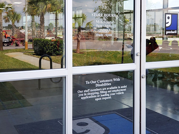 The store hours sign&mdash;your invitation to the bargain ball. Monday through Sunday, the treasure hunt awaits the dedicated thrifter.