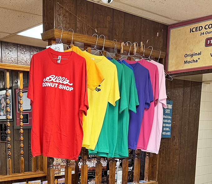 Bill's merch: because sometimes you need to wear your food allegiances. The rainbow of t-shirts says "I don't just eat here, I believe."